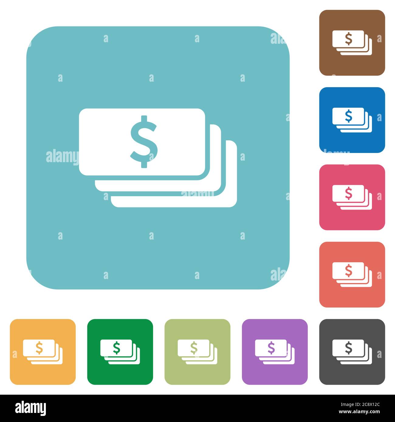 Flat Dollar banknotes icons on rounded square color backgrounds Stock ...