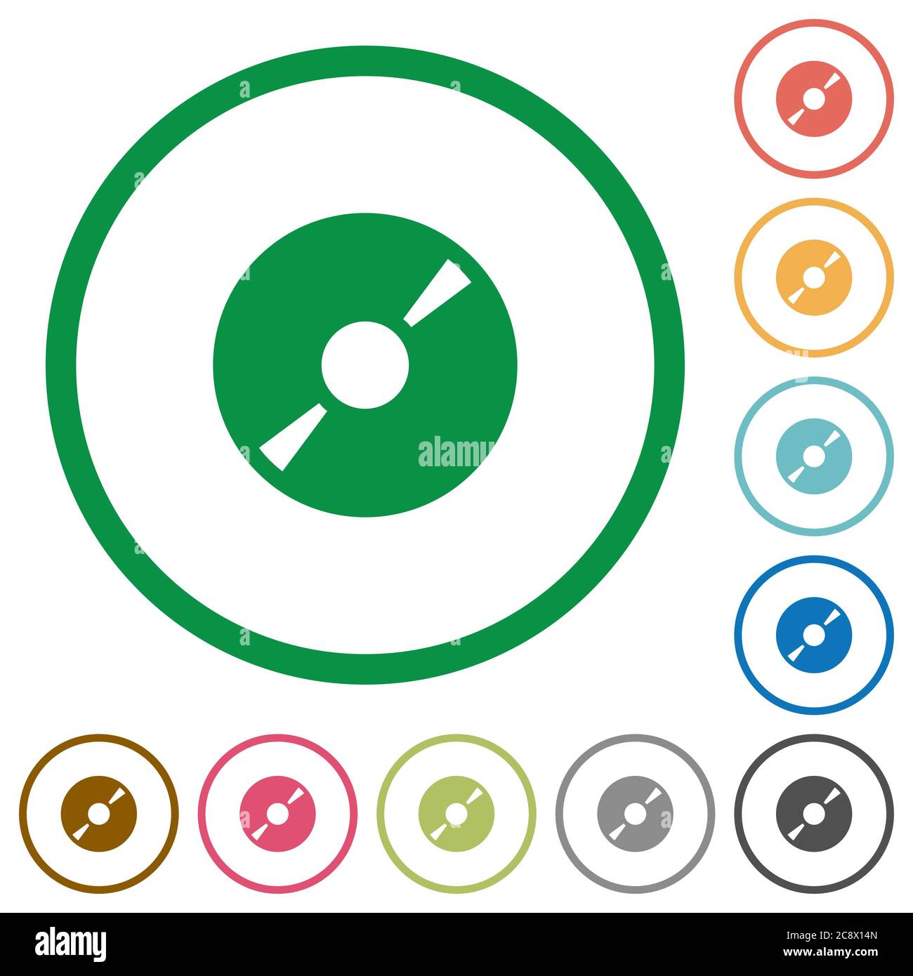 Set of DVD disc color round outlined flat icons on white background ...