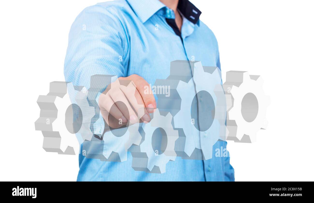Engineer pointing on gears - engineering concept Stock Photo - Alamy