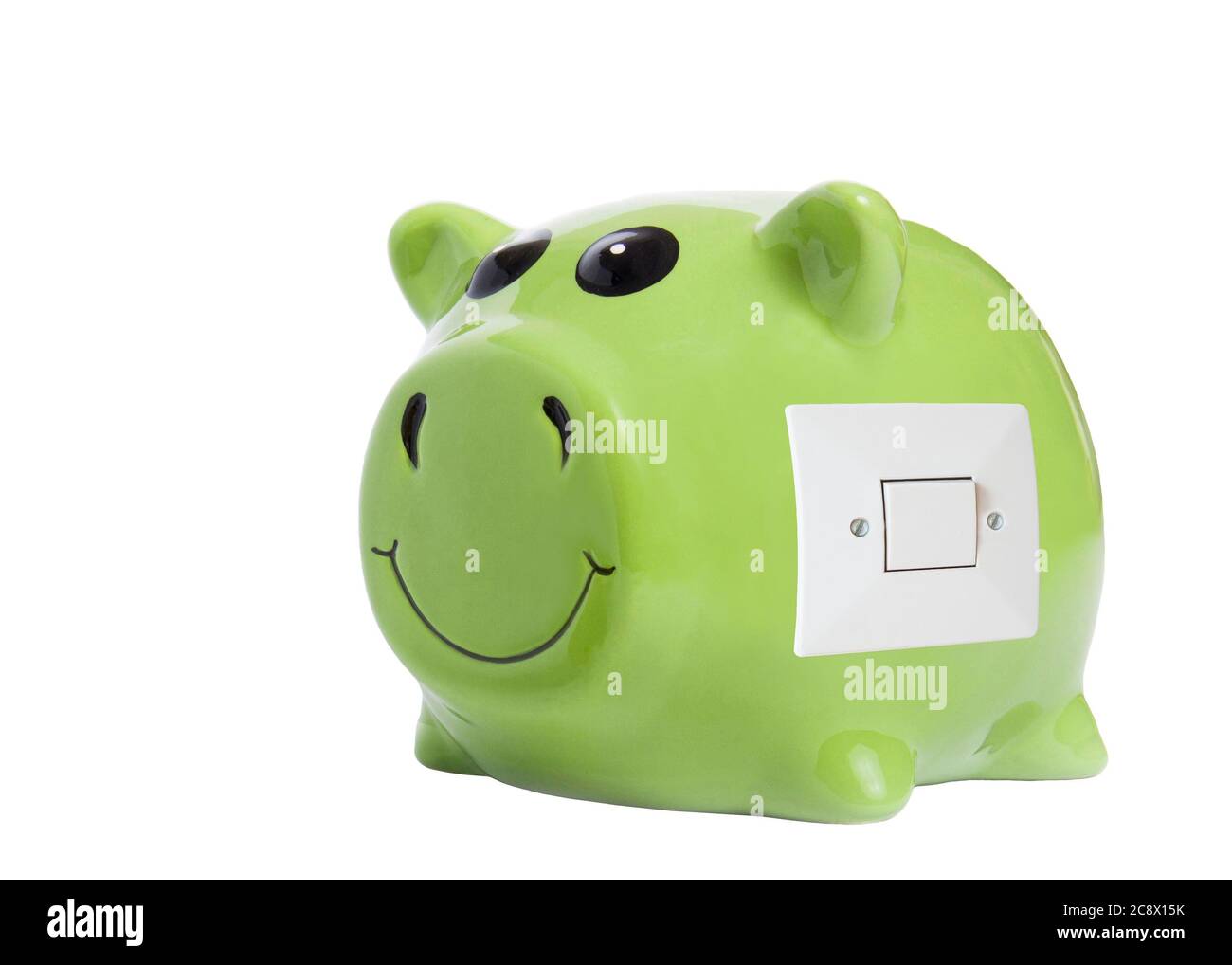 Green piggy bank with a light switch on a white background- energy ...