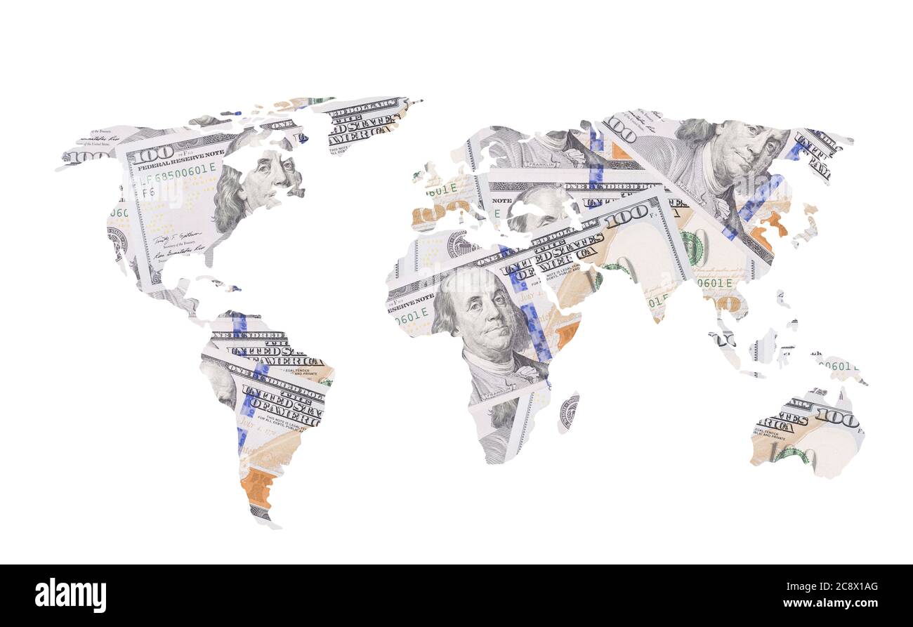 Conceptual illustration of a world map with hundred dollar bills ...