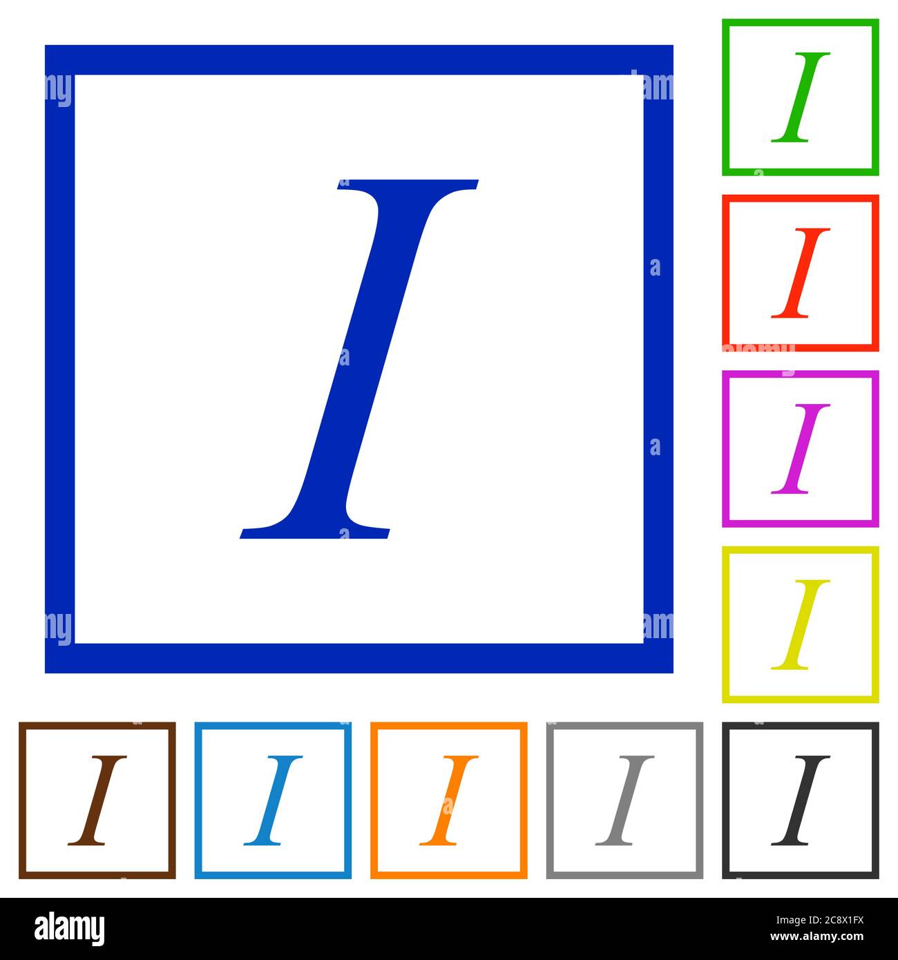Set of color square framed Italic font type flat icons Stock Vector ...