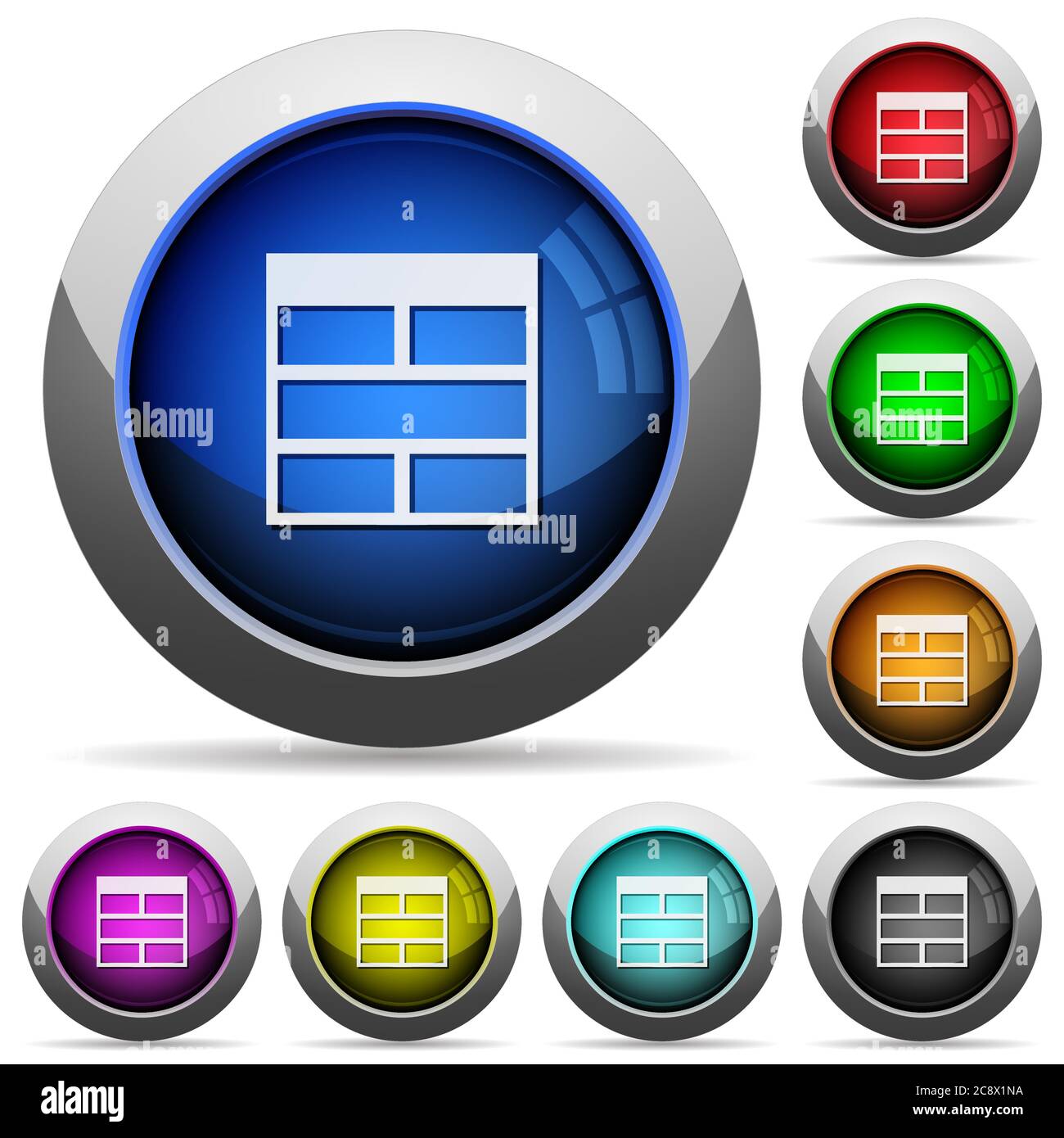 Set of round glossy Spreadsheet horizontally merge table cells buttons. Arranged layer structure ...