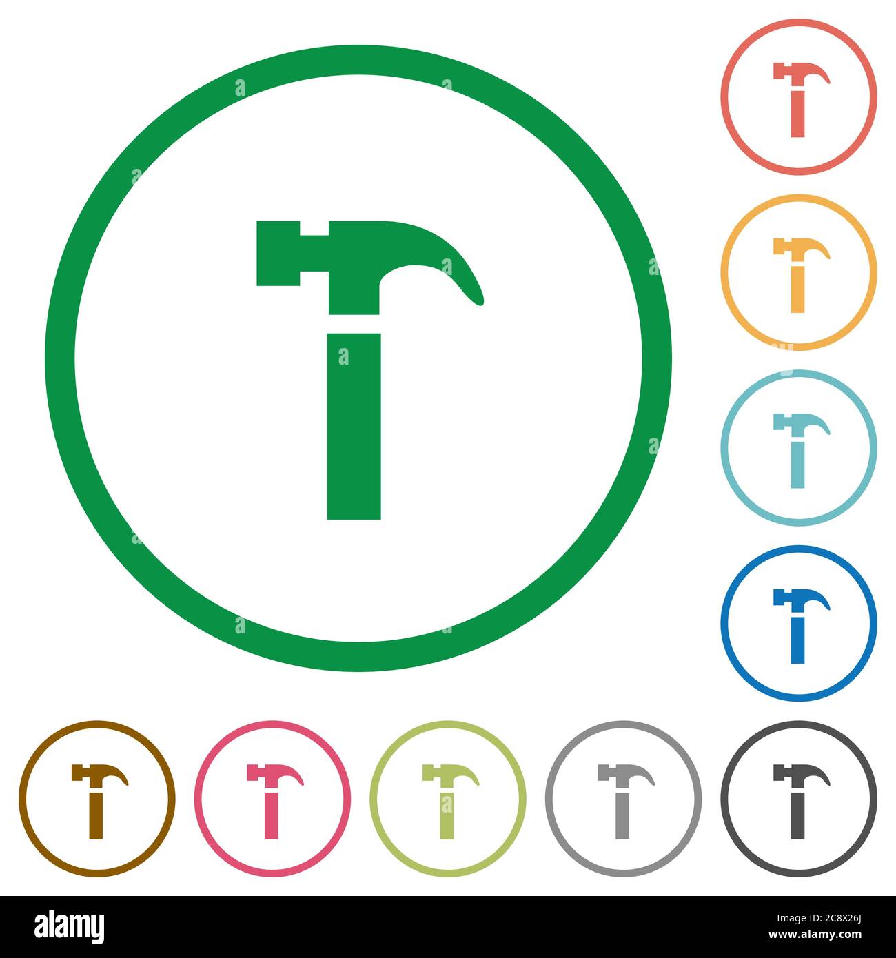 Set of hammer color round outlined flat icons on white background Stock ...