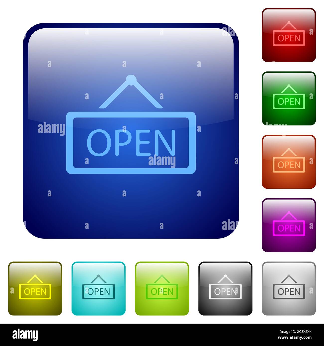 Set of open sign color glass rounded square buttons Stock Vector Image ...