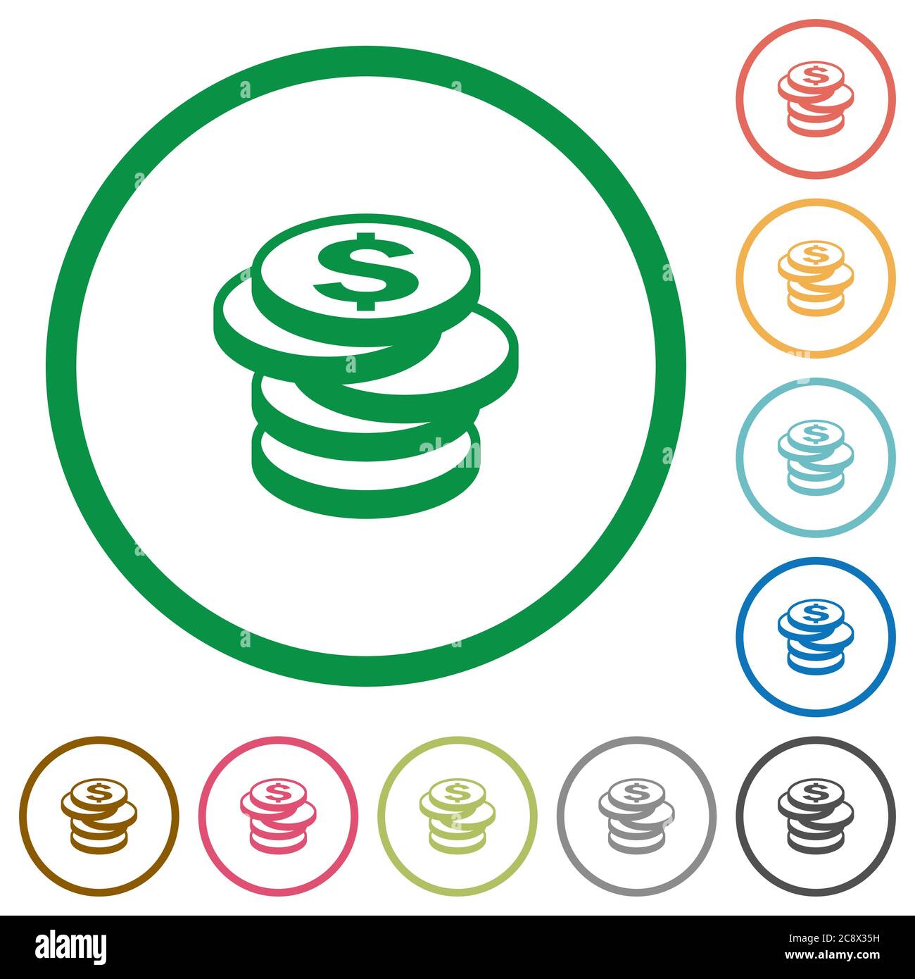 Set of Dollar coins color round outlined flat icons on white background ...