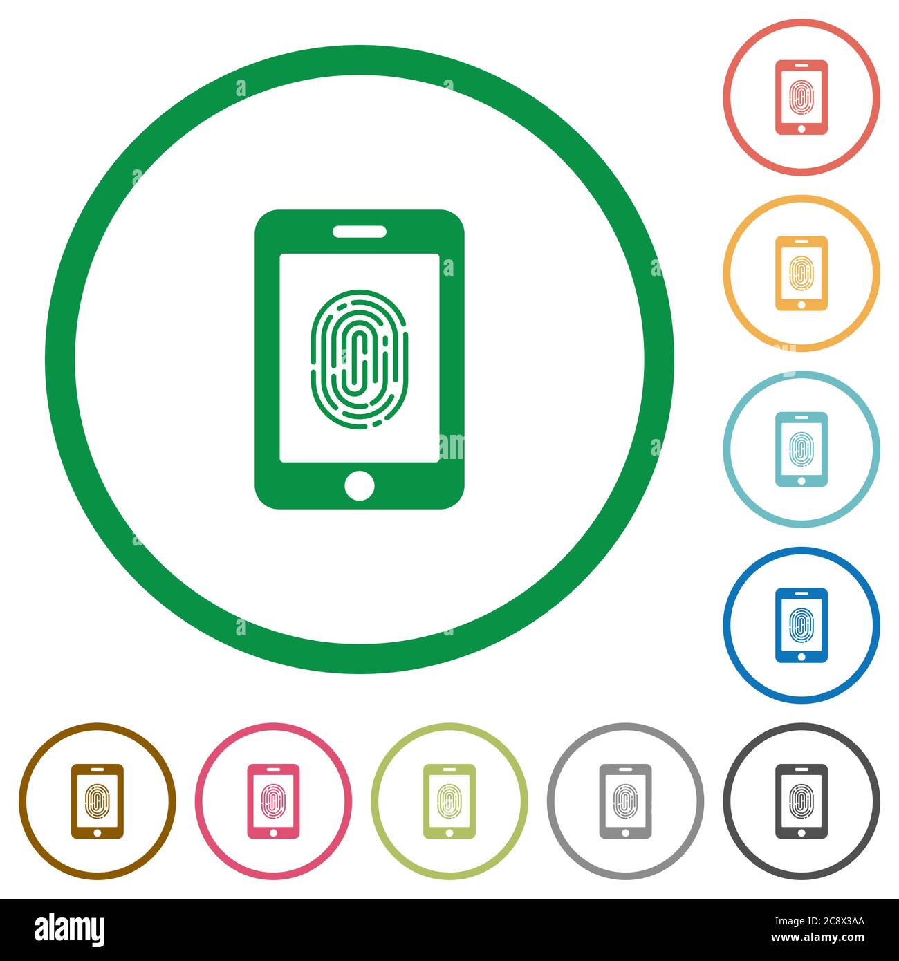 Set of smartphone fingerprint identification color round outlined flat ...