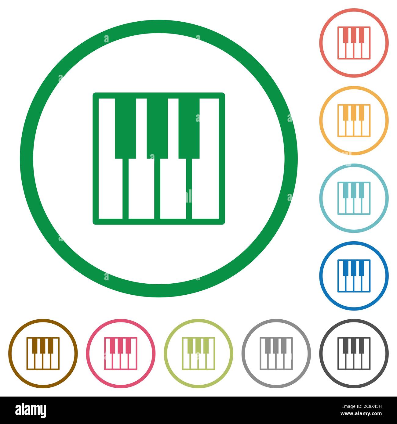 Set of Piano keyboard color round outlined flat icons on white ...