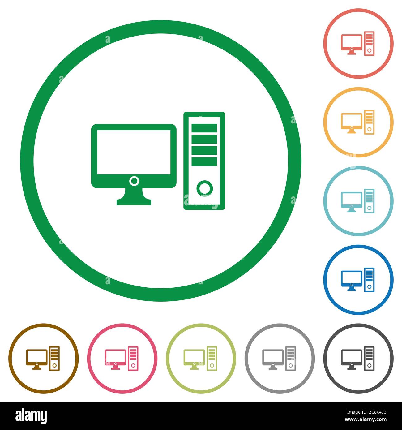 Set of desktop computer color round outlined flat icons on white ...