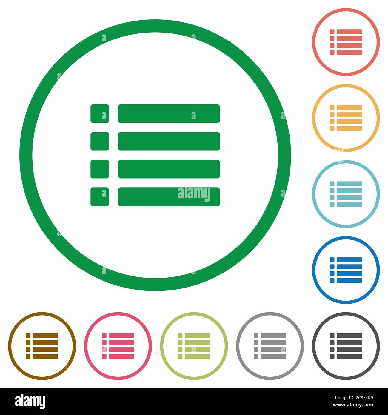 Set of unordered list color round outlined flat icons on white ...