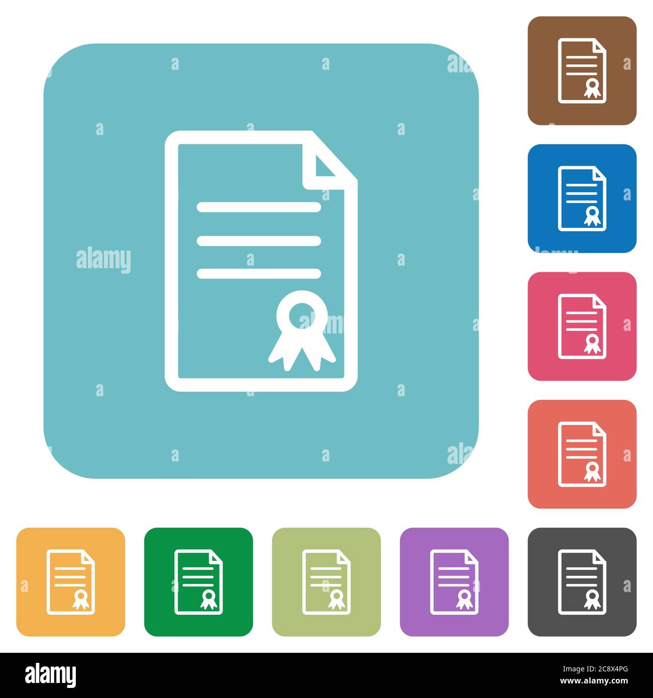 Flat certificate document icons on rounded square color backgrounds ...