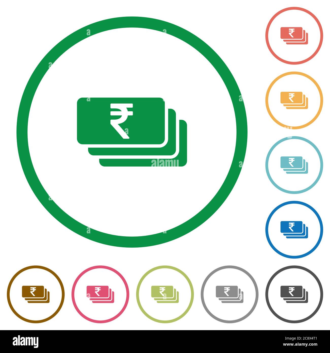Set of indian Rupee banknotes color round outlined flat icons on white ...