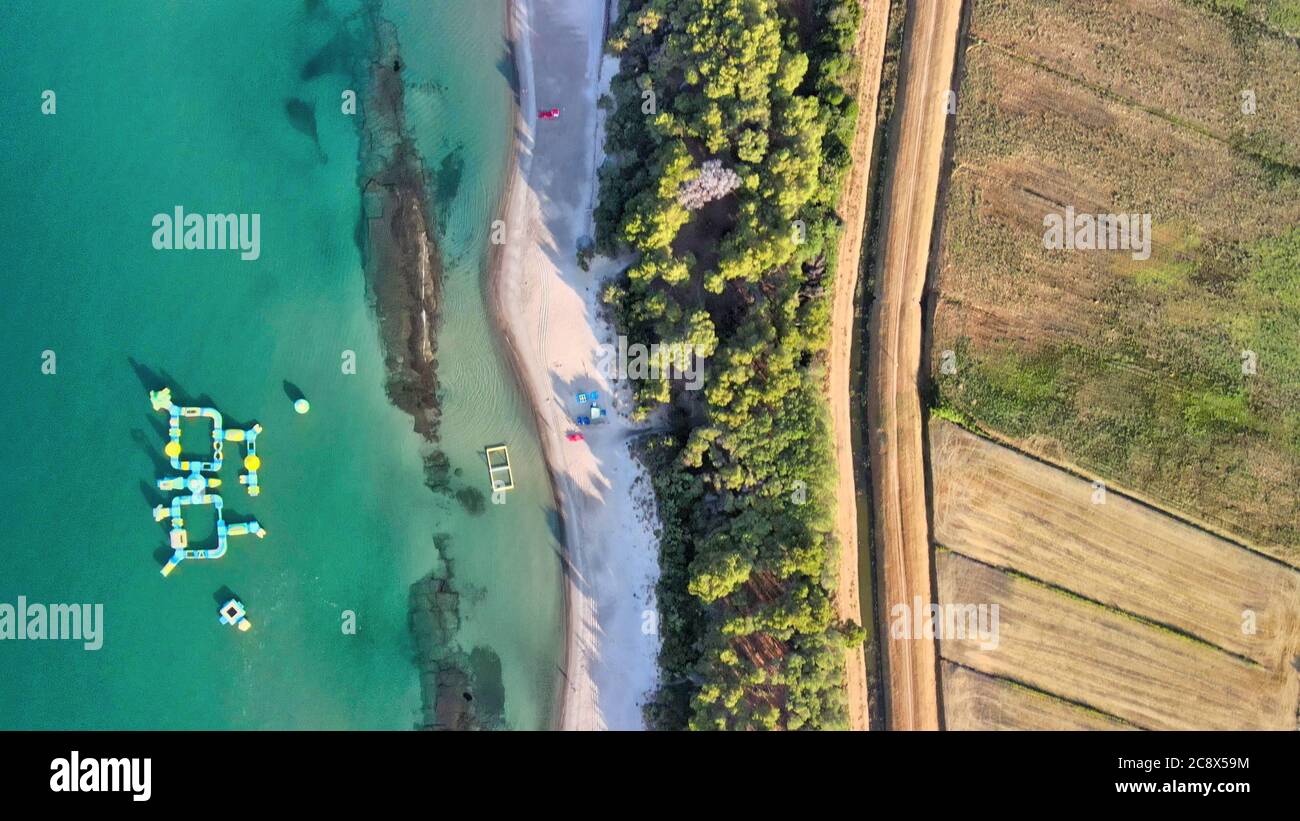 Overhead aerial view of coastline, ocean and beach, panoramic view ...