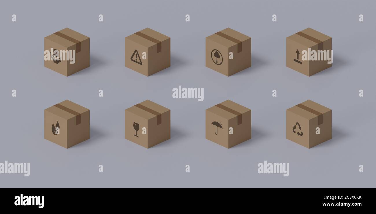 Set of isolated package boxes with various symbols, isometric ...