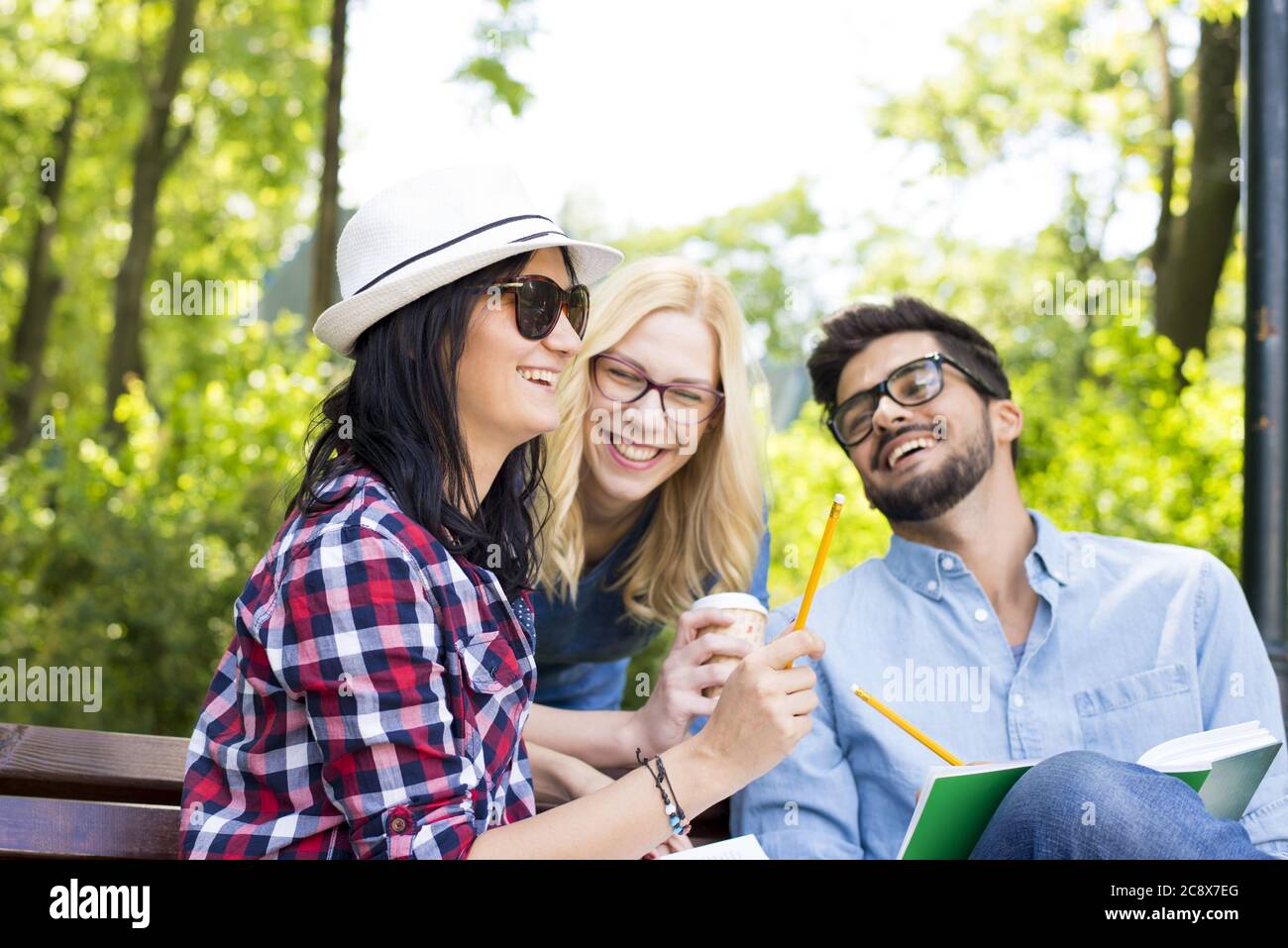 Group of young college students having fun while discussing homework on ...
