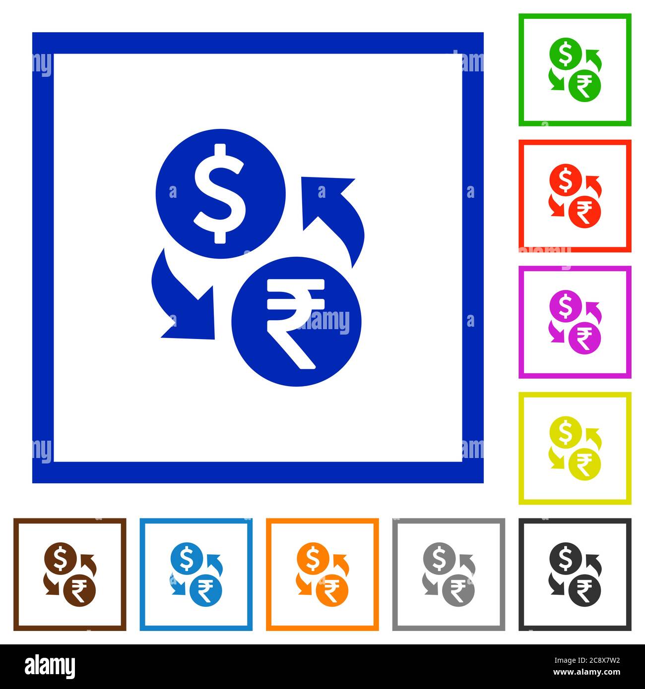 Set of color square framed Dollar Rupee exchange flat icons Stock ...