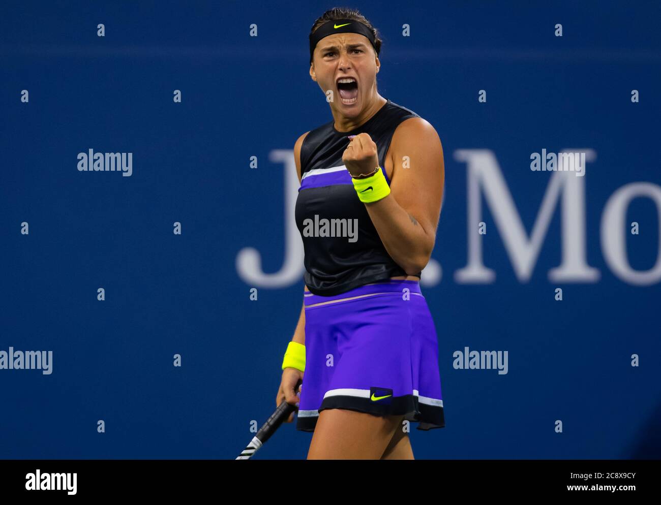 Aryna Sabalenka of Belarus celebrates winning her first-round match at ...