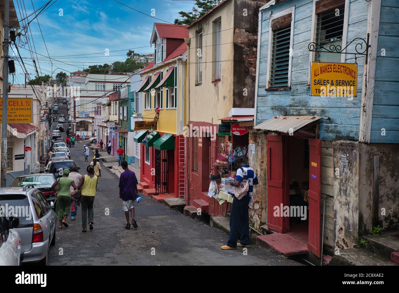 General street scene showing shop fronts in St George's, Grenada island ...