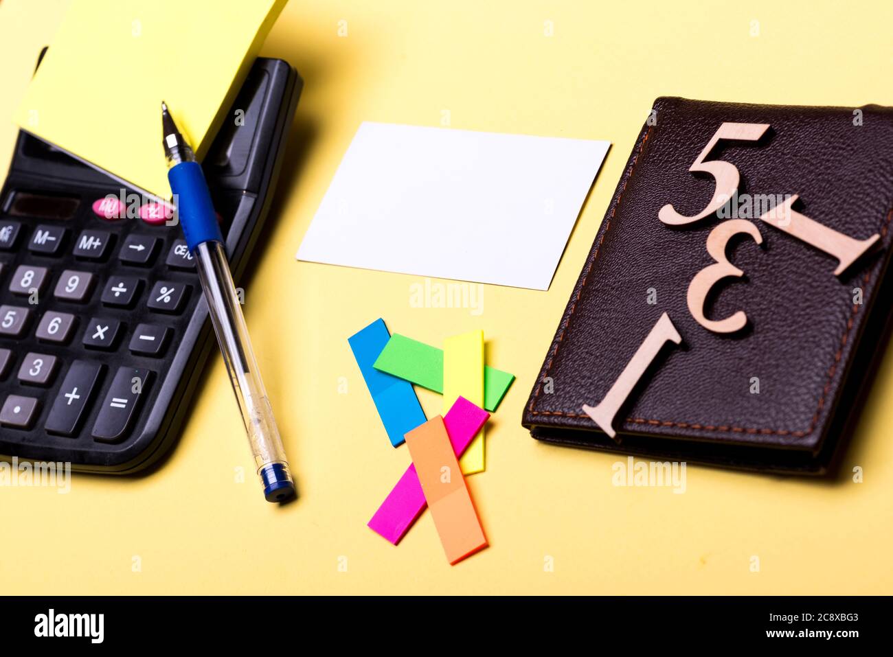 Stationery, wallet with numerals and calculator. Business accessories ...