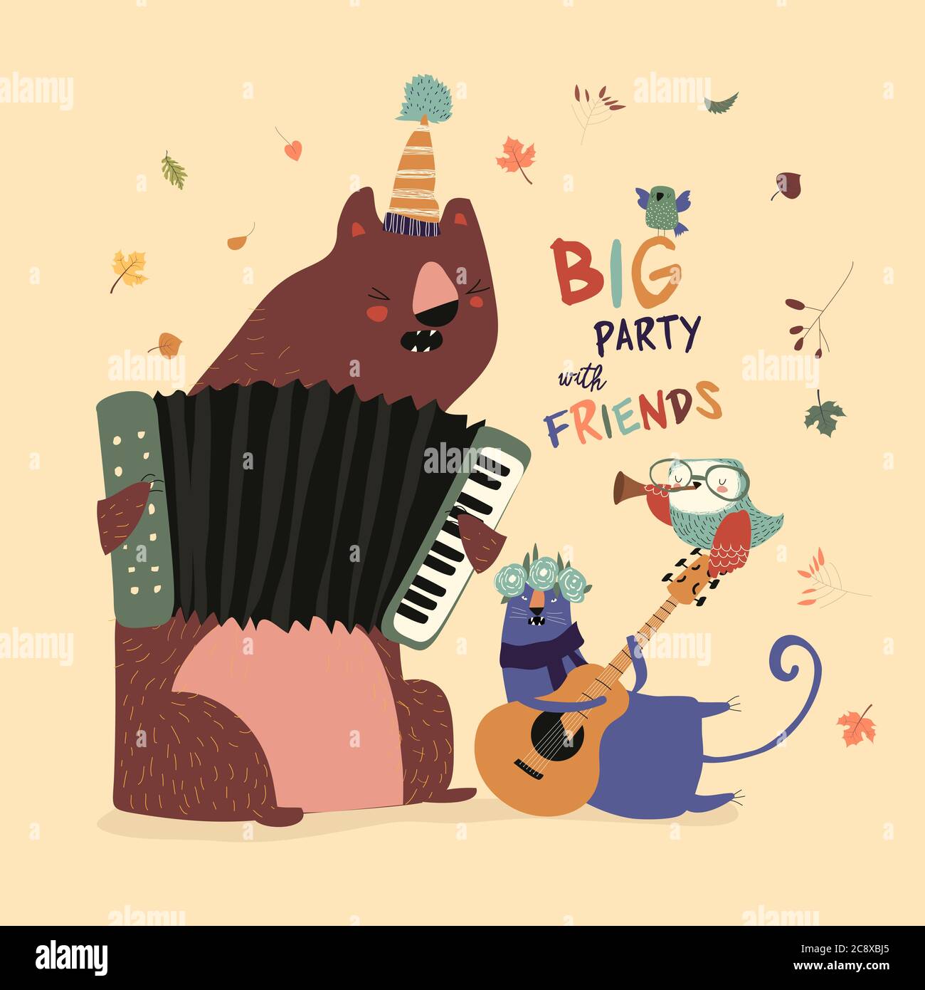 Birthday card with cute animals playing the musical instruments Stock ...