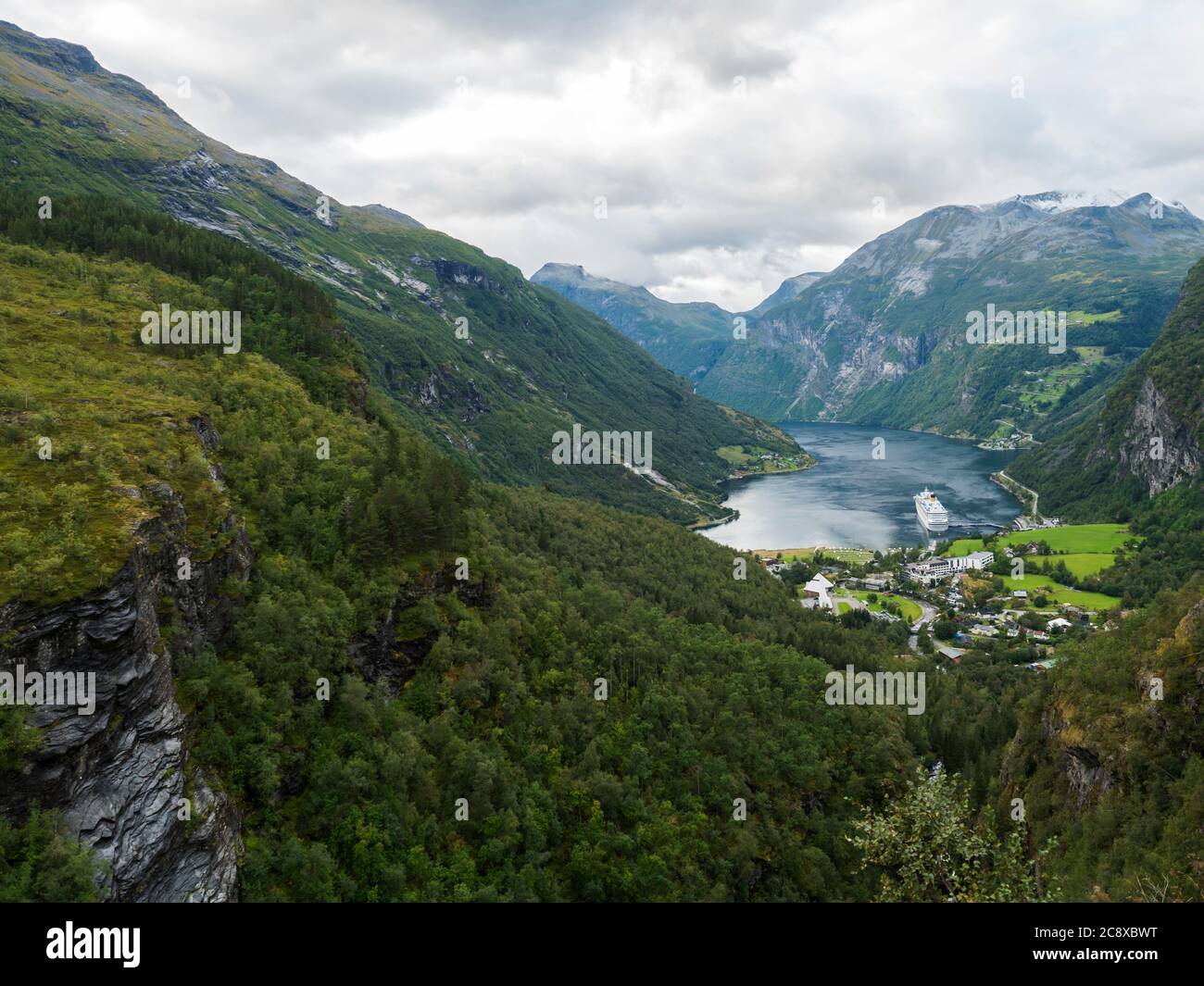 Aerial view on Geirangerfjord fjord with Geiranger tourist village and ...