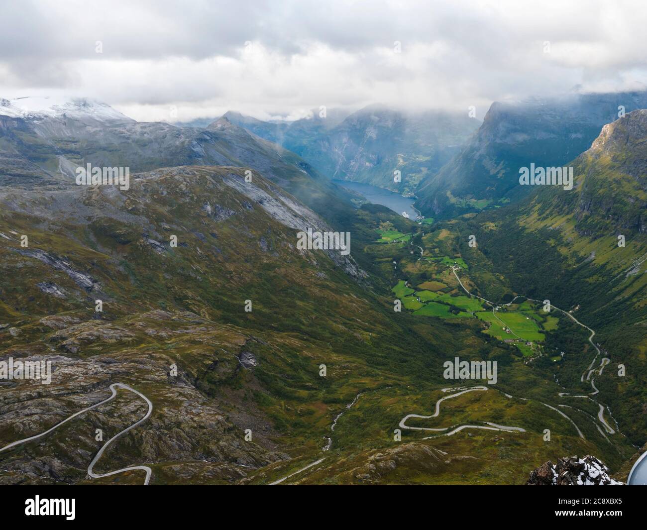 Aerial view on Geirangerfjord fjord with Geiranger tourist village and ...
