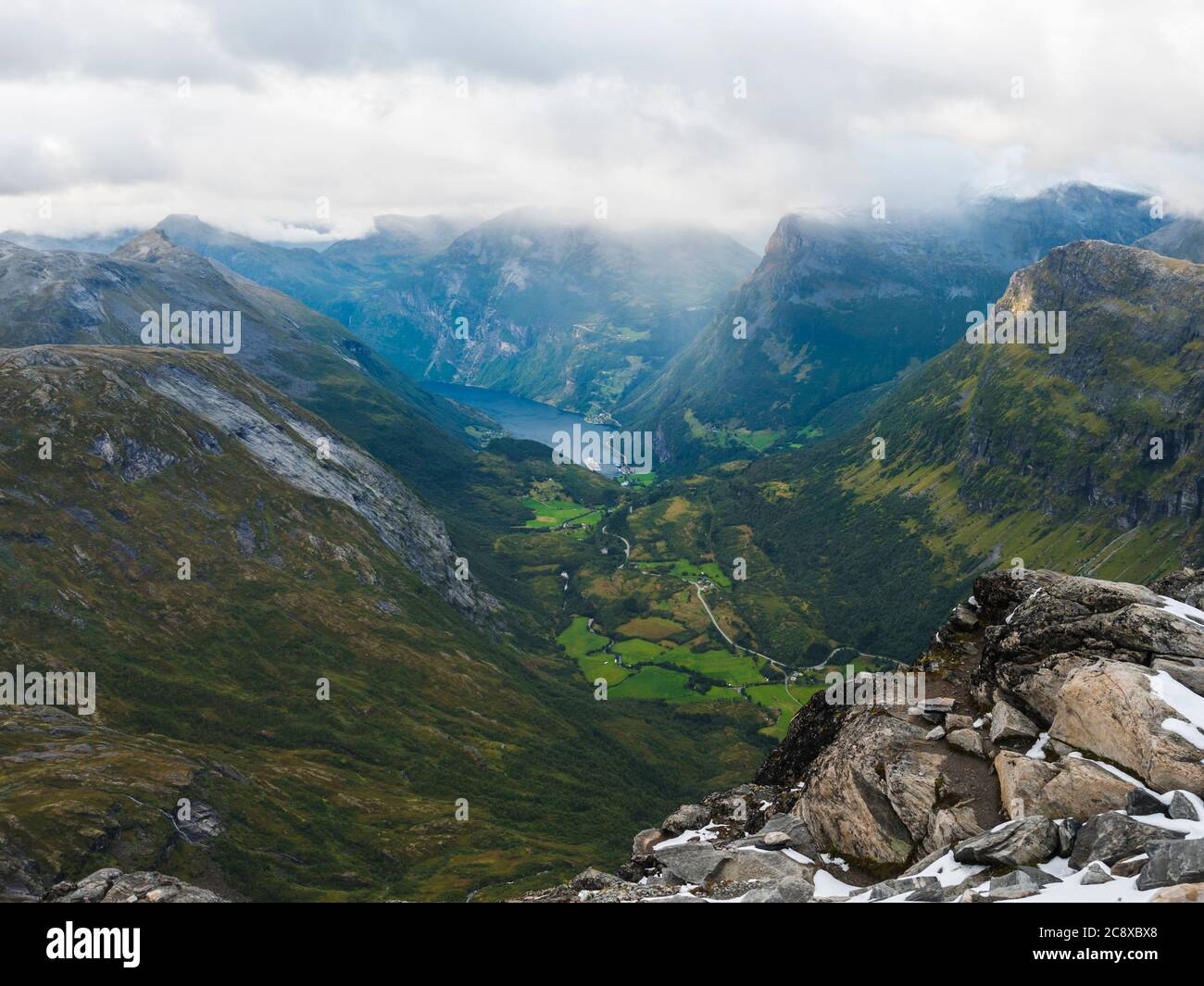 Aerial view on Geirangerfjord fjord with Geiranger tourist village and ...