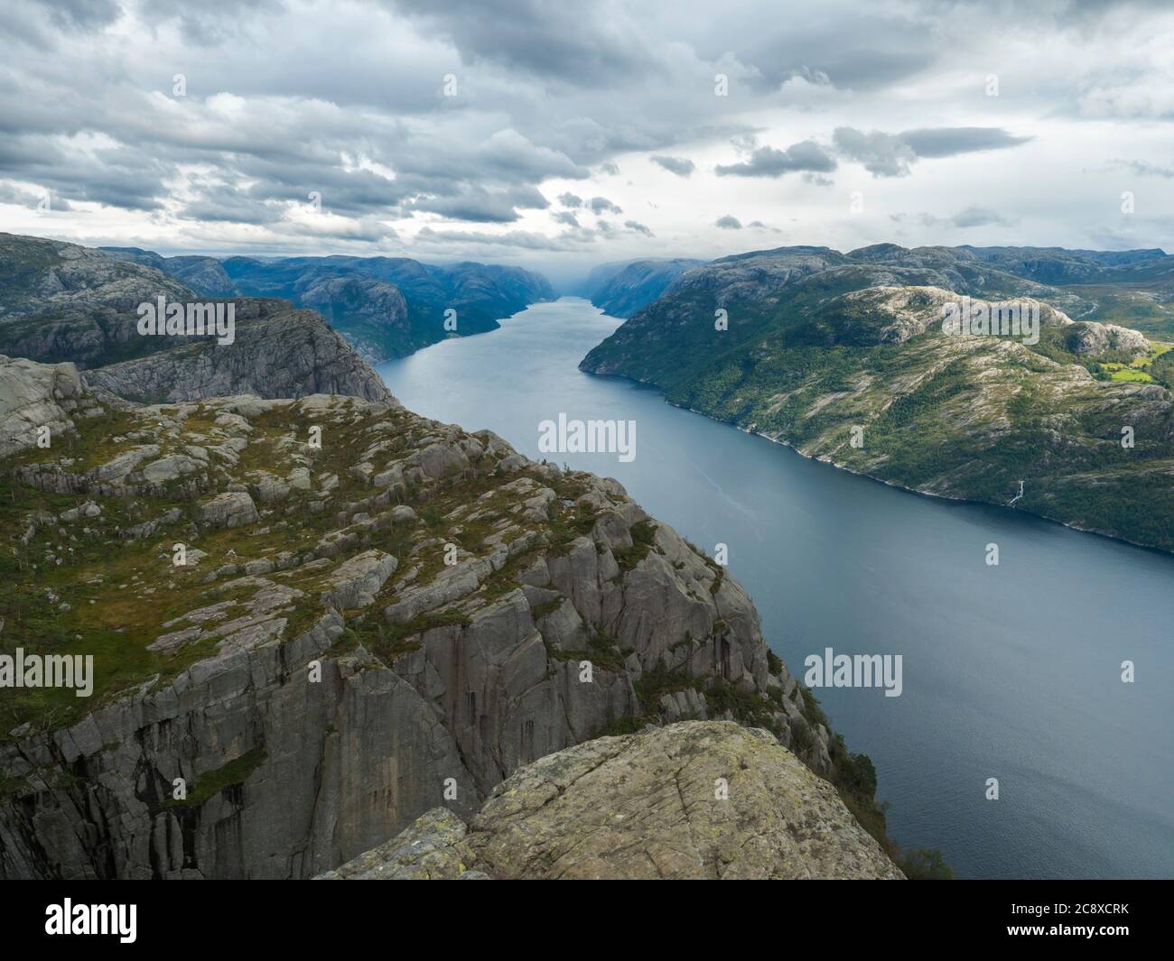 View on fjord Lysefjord, from Preikestolen massive cliff famous Norway ...