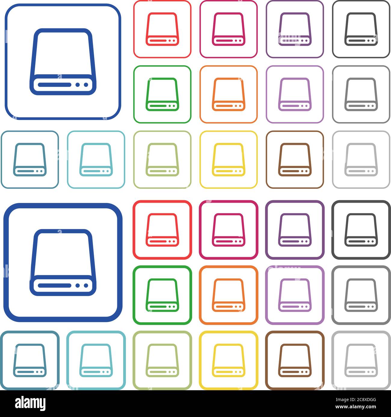 Set of hard disk drive flat rounded square framed color icons on white background. Thin and ...