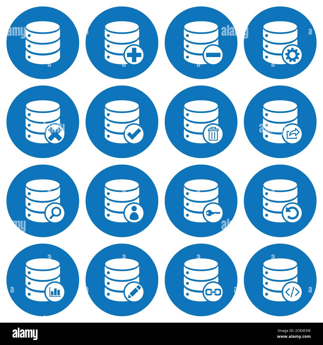 Set of 16 basic database management icons on round blue background ...