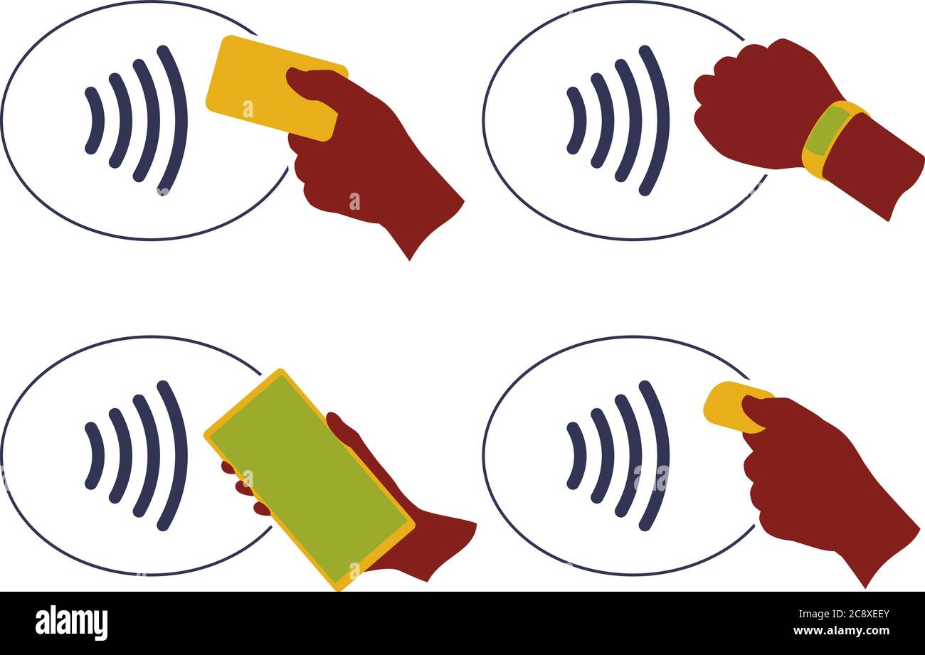 Vector illustration. NFC wireless payment method icon set with hands ...
