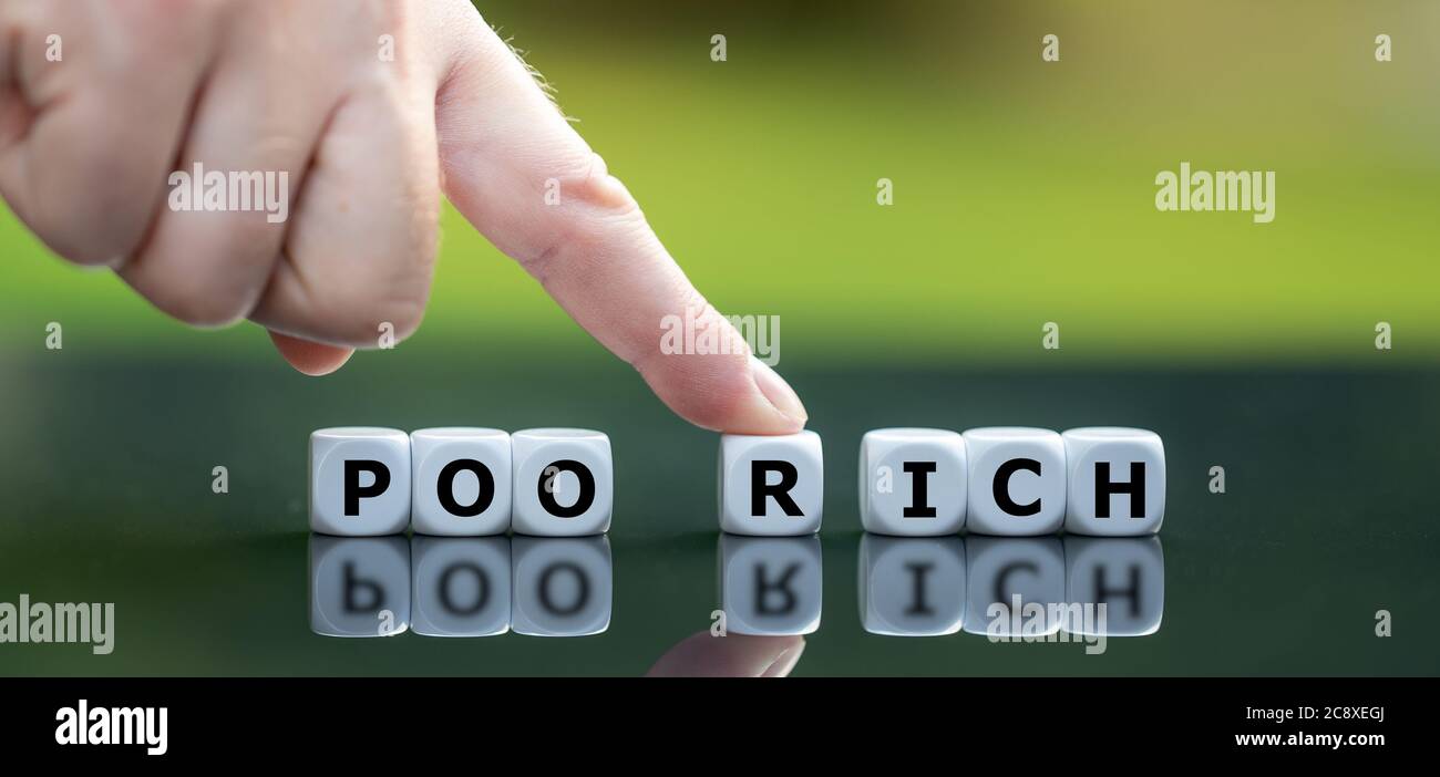 Hand pushes the cube with the letter R from the word "poor" to the word ...
