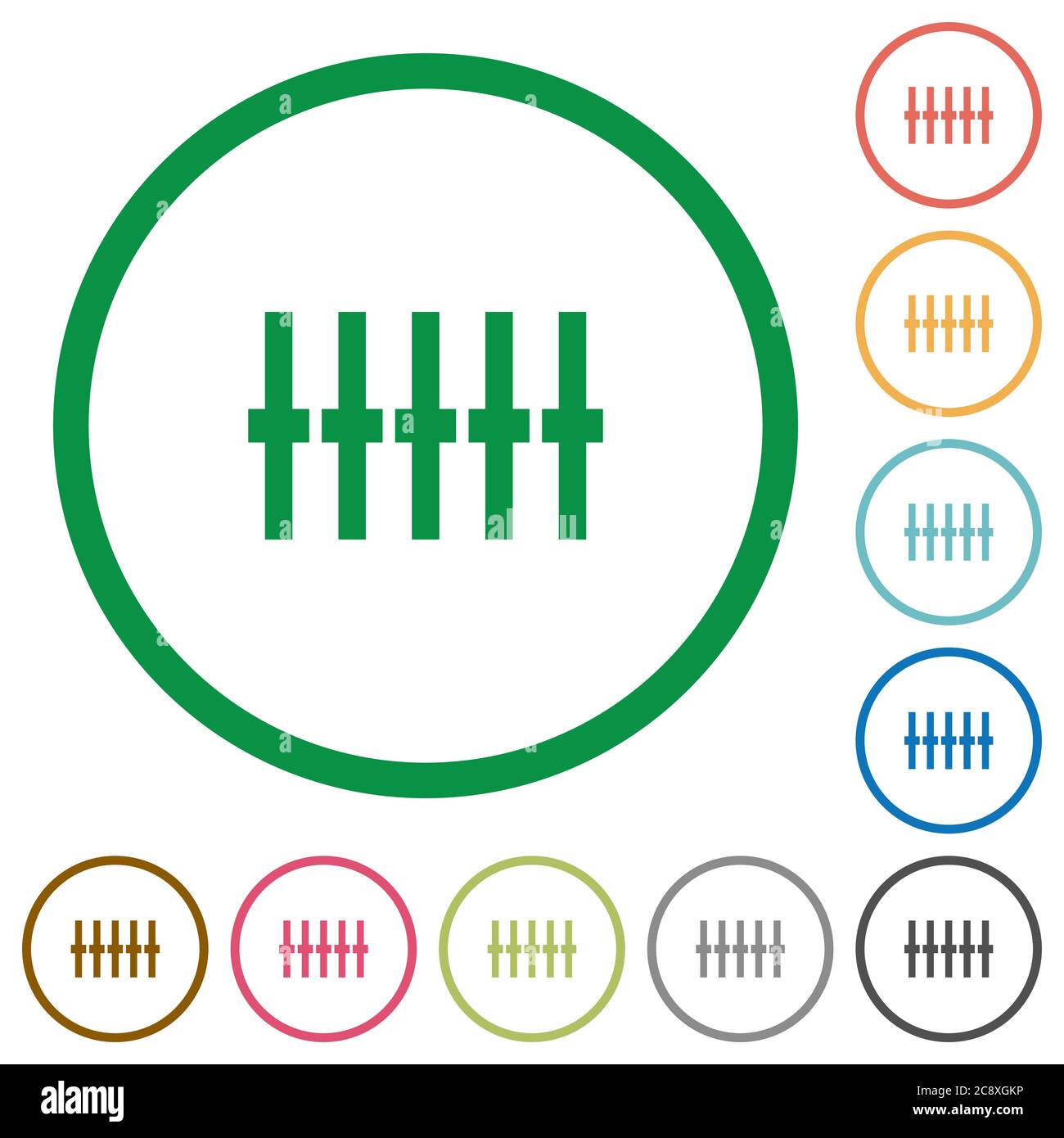 Set of graphical equalizer color round outlined flat icons on white ...