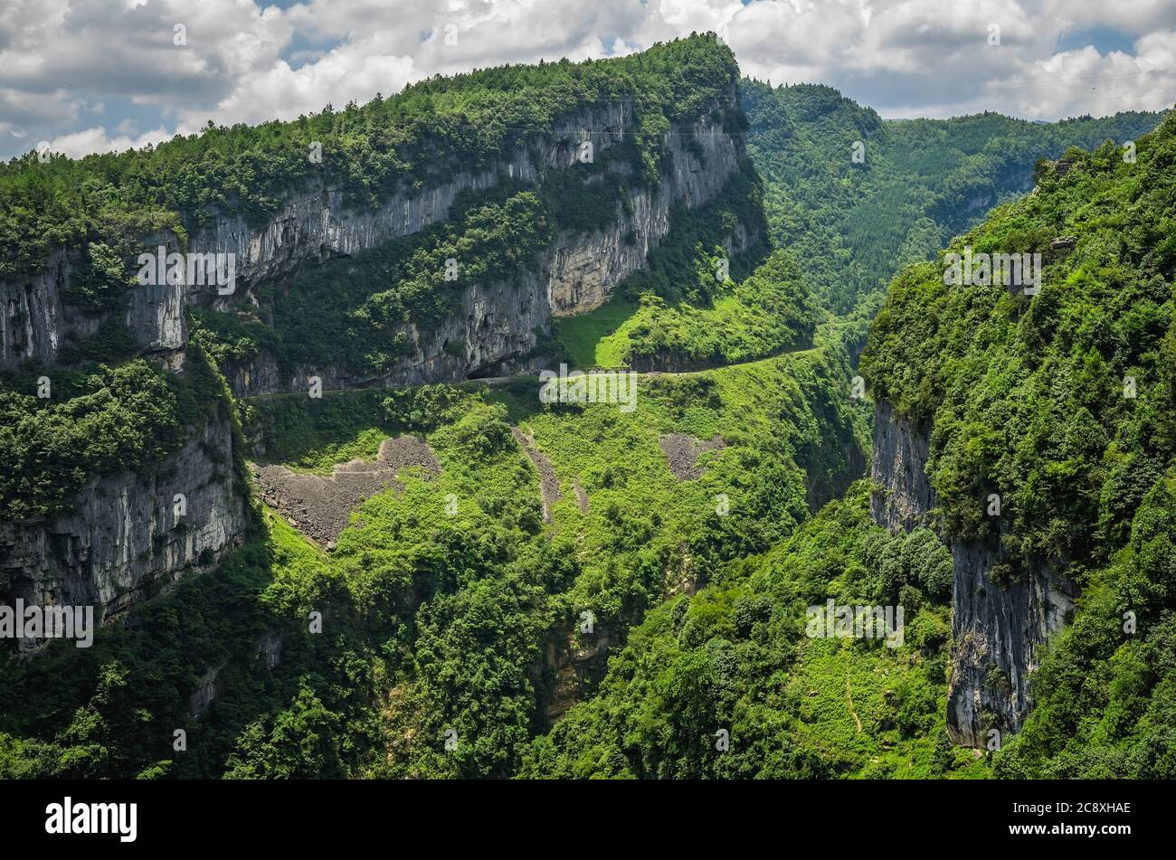 Panorama of the gorge valley and karst limestone rock formations in ...