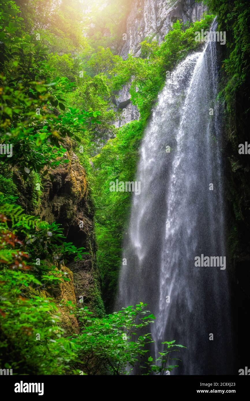 Giant Waterfall in a valley gorge in the Longshuixia Fissure National ...