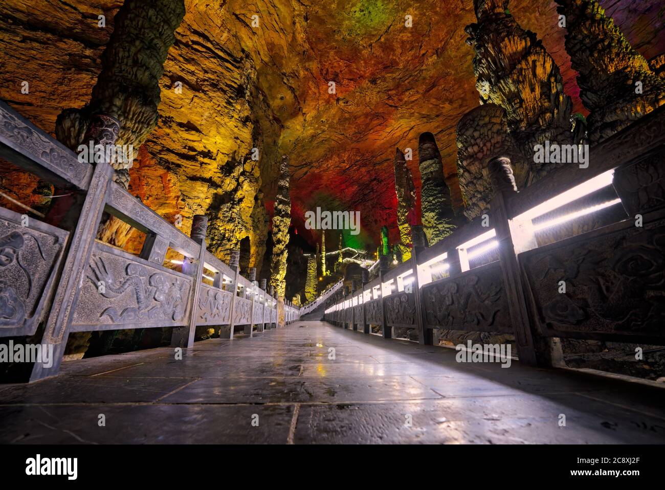 Illuminated walking trail path inside the stunning and beautiful ...