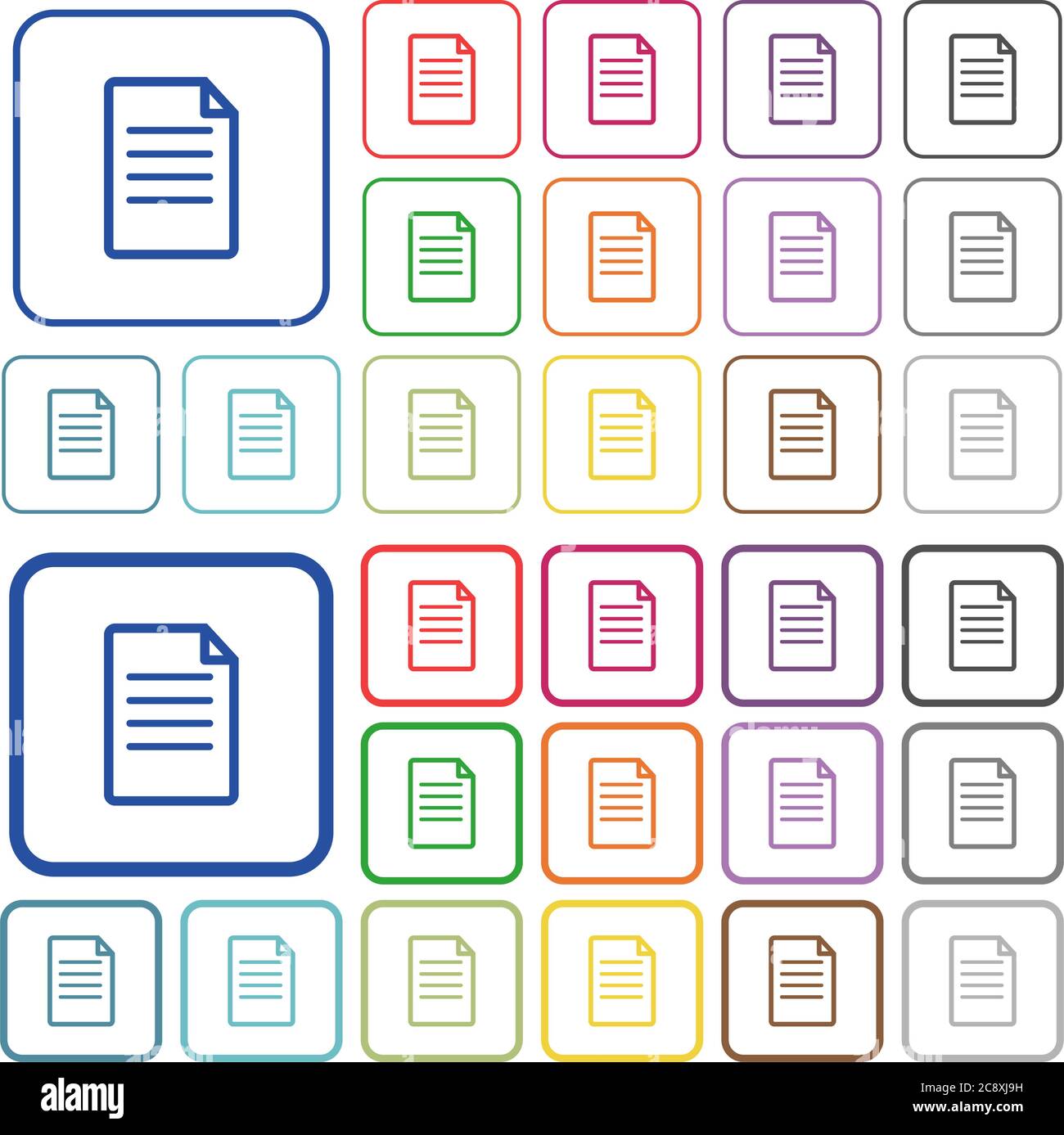 Set of document flat rounded square framed color icons on white ...