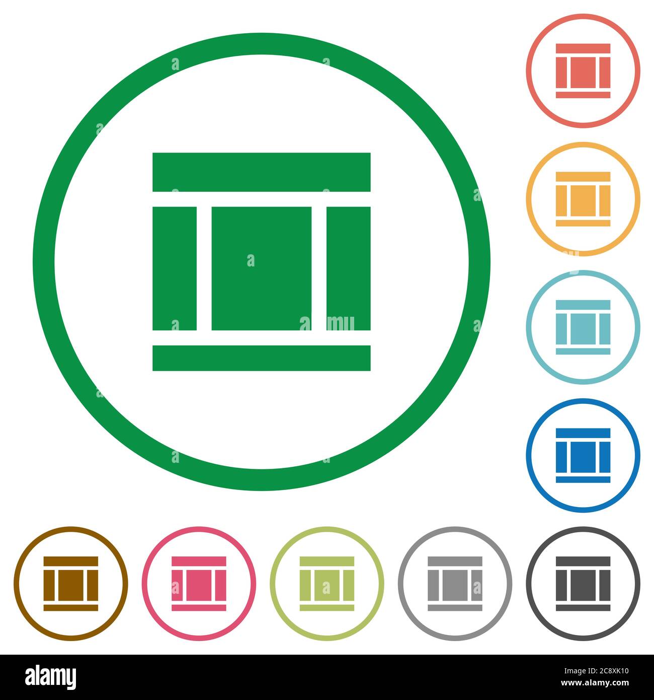 Set of Three columned web layout color round outlined flat icons on ...