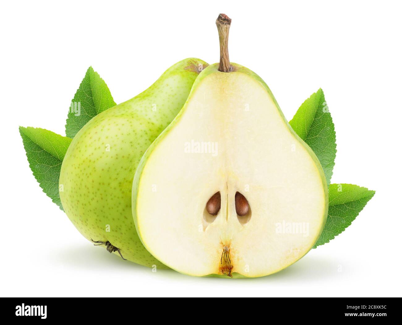 Isolated green pears. Halved pear fruits isolated on white background ...