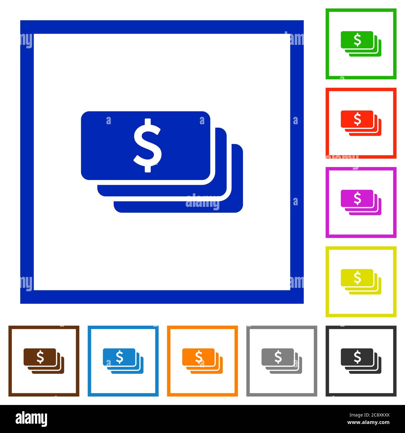 Set of color square framed Dollar banknotes flat icons Stock Vector ...