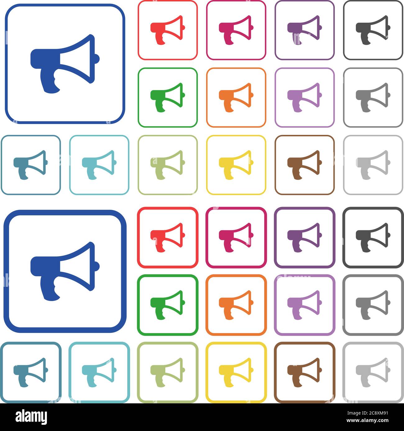Set of megaphone flat rounded square framed color icons on white ...