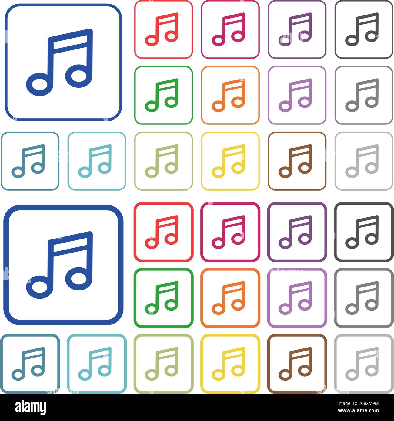 Set of music note flat rounded square framed color icons on white ...