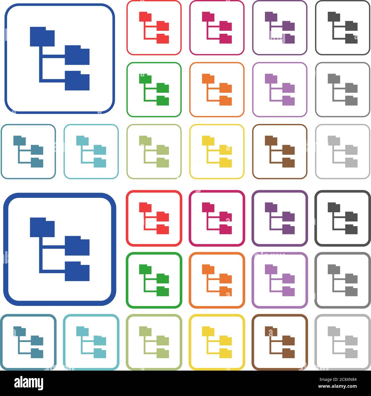 Set of folder structure flat rounded square framed color icons on white ...