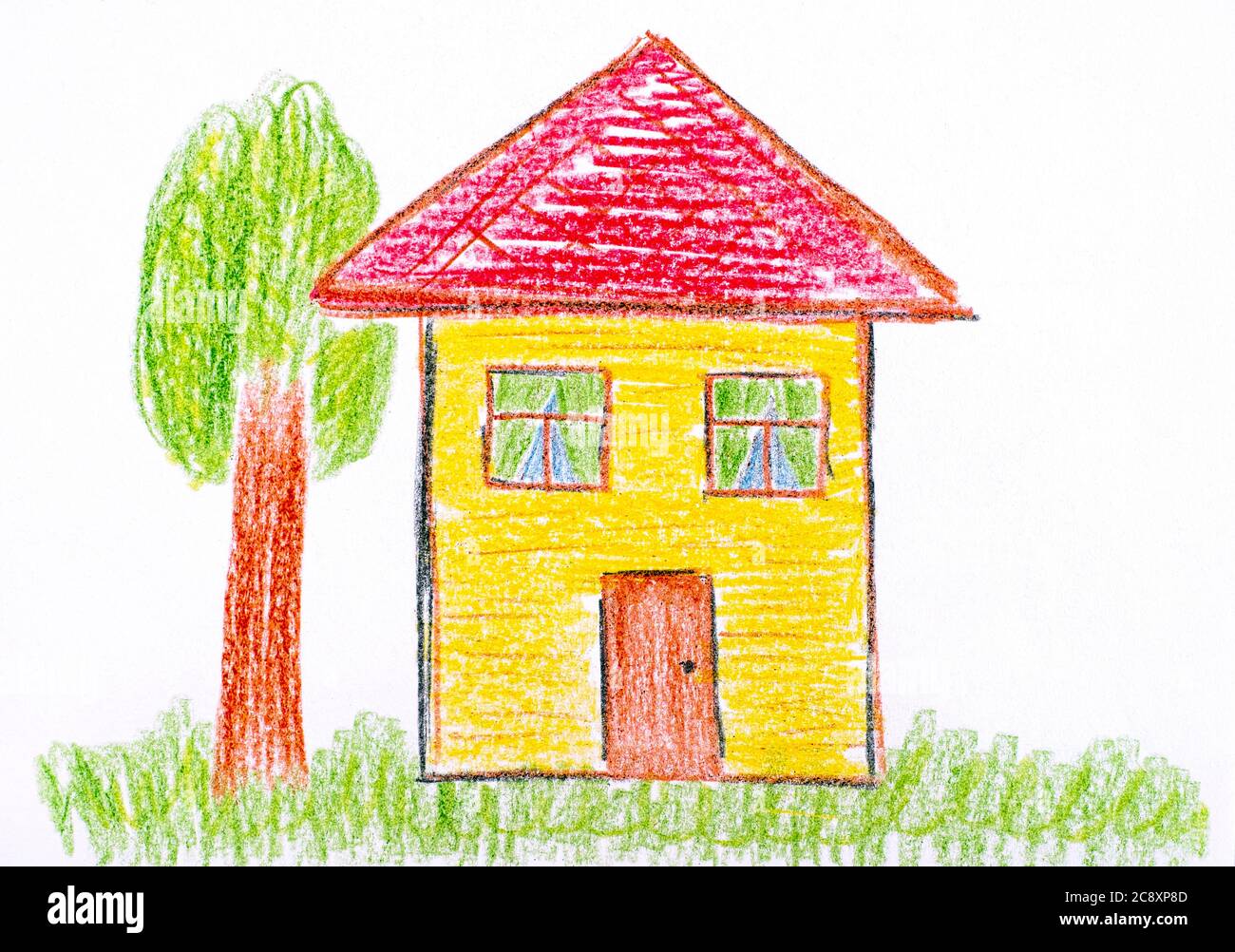 Child hand drawing House made by wax crayons Stock Photo - Alamy