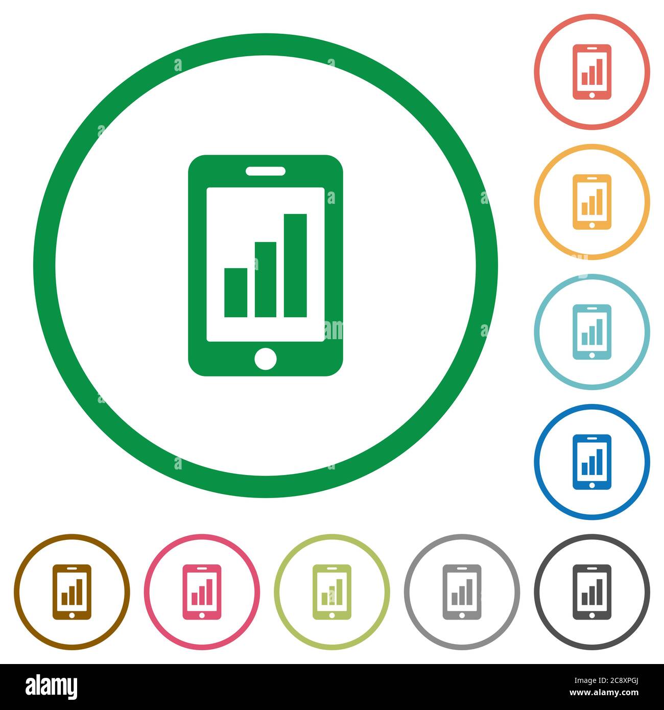 Set of smartphone signal strength color round outlined flat icons on ...