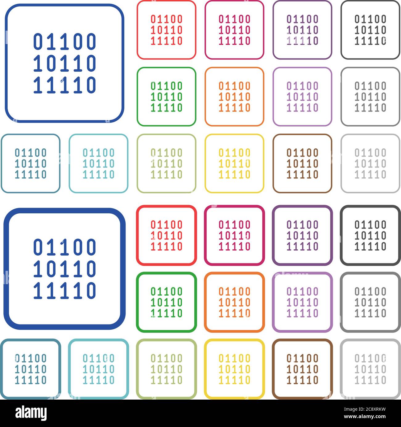 Binary code color icons in flat rounded square frames. Thin and thick versions included Stock ...