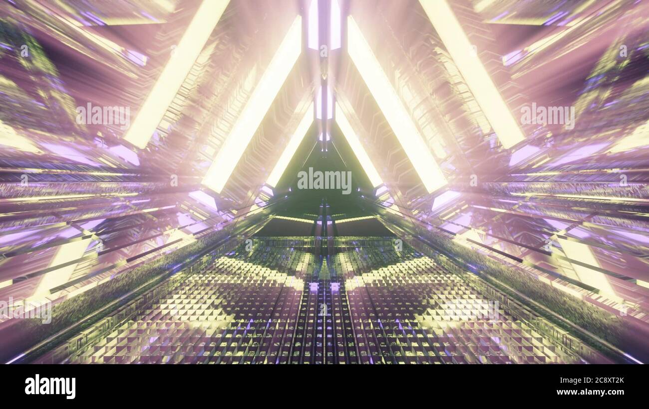 3D rendering of a cool trippy futuristic hallway in a triangular form ...