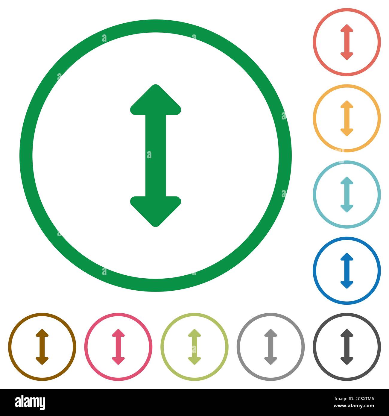 Set of resize vertical color round outlined flat icons on white ...