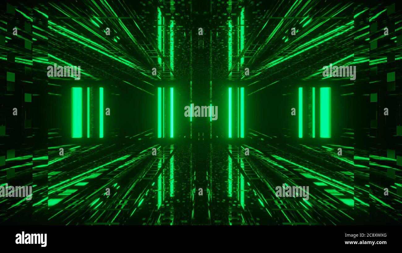 3d rendering of a cool sci-fi futuristic background in bright green ...