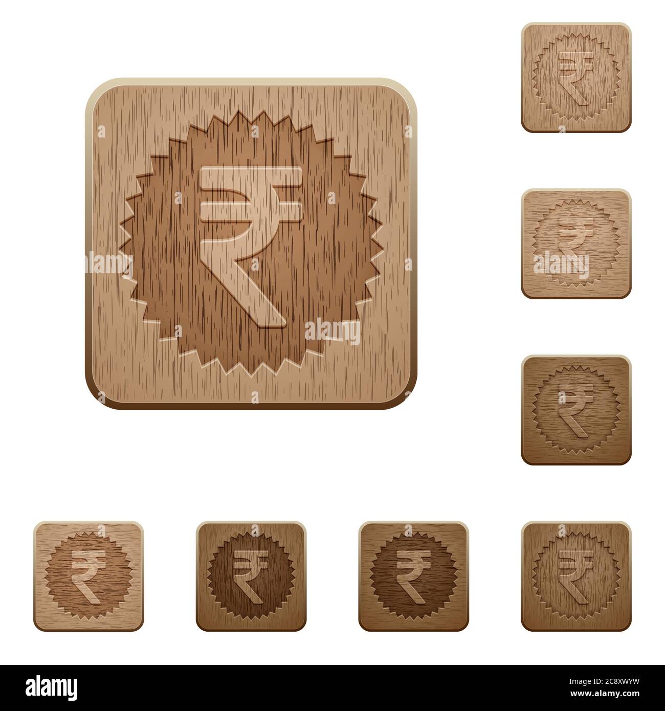 Indian Rupee sticker icons in carved wooden button styles Stock Vector ...
